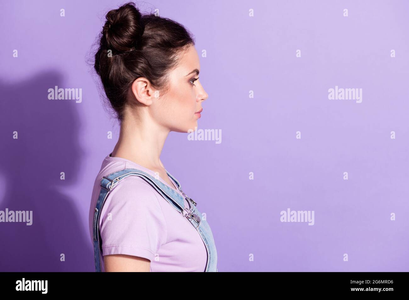 Profile side photo of young attractive girl serious confident look ...