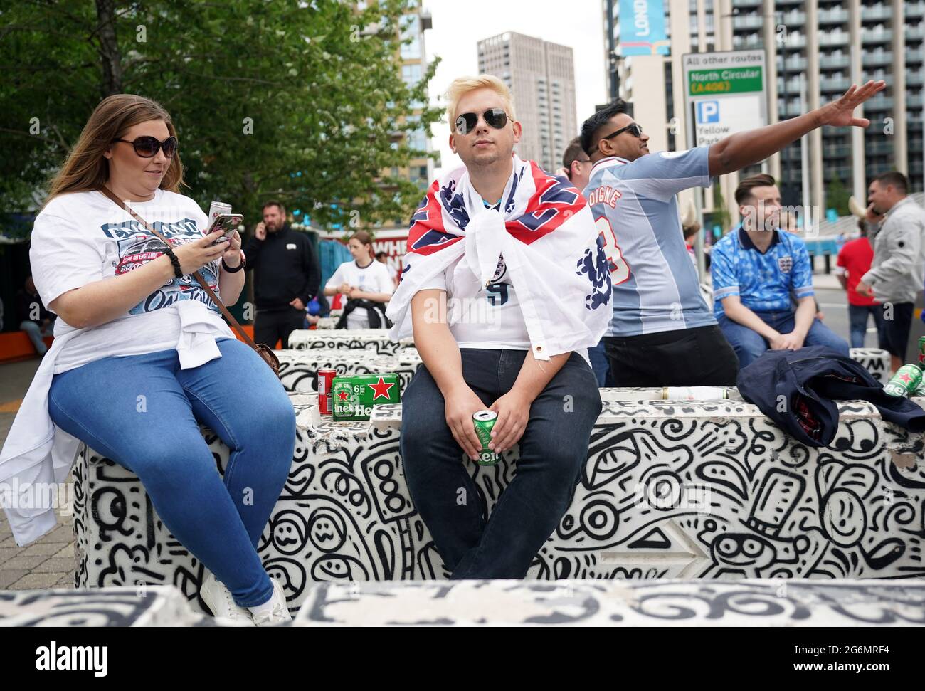 England fans outside Wembley Stadium ahead of the UEFA Euro 2020 semi ...