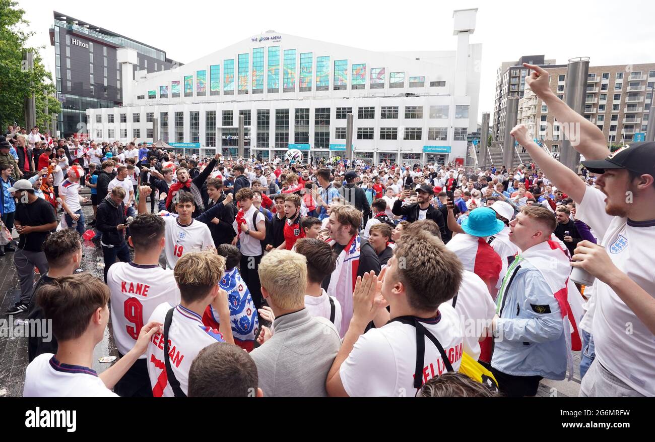England fans outside Wembley Stadium ahead of the UEFA Euro 2020 semi ...