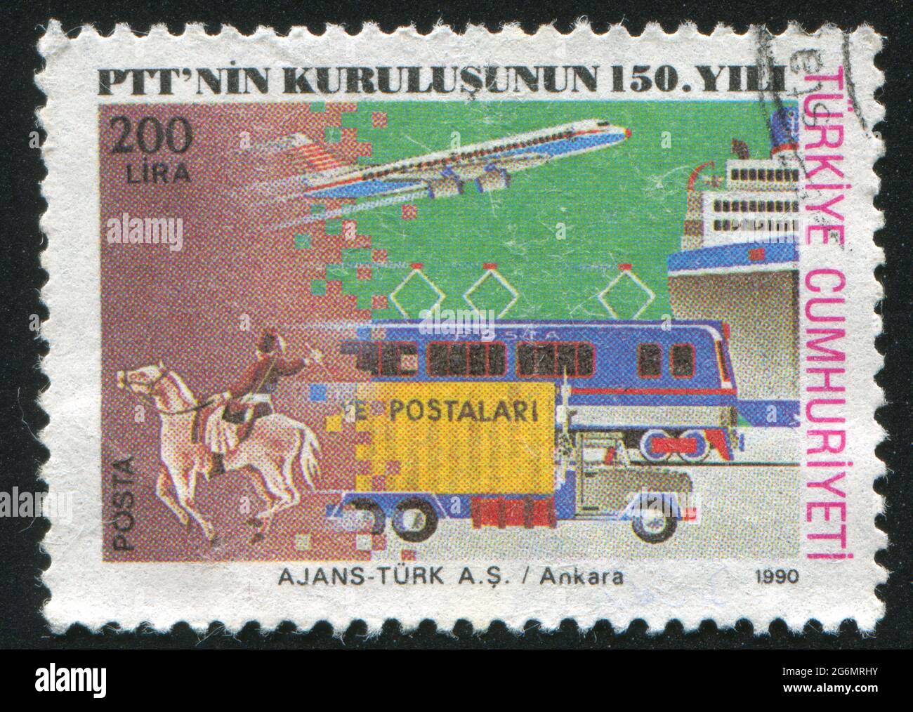 TURKEY - CIRCA 1990: stamp printed by Turkey, shows Post rider, truck ...