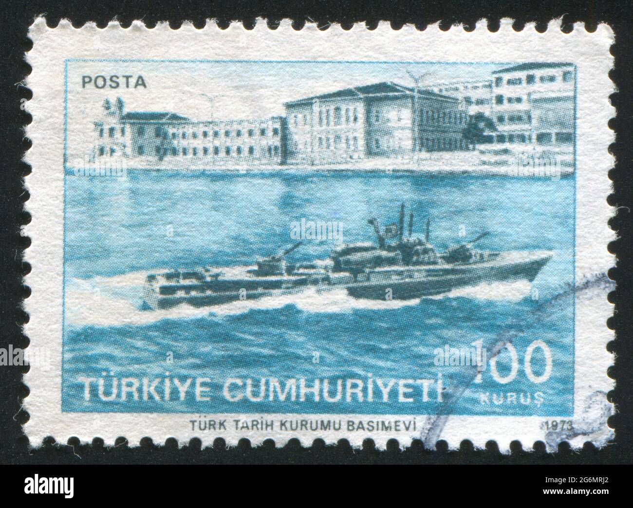 TURKEY - CIRCA 1973: stamp printed by Turkey, shows Speedboat Simsek ...