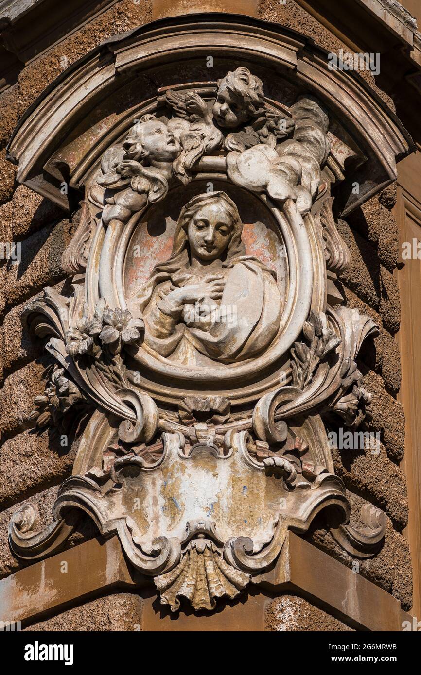 Baroque art in Rome. 17th century aedicula (shrine) with Virgin Mary ...