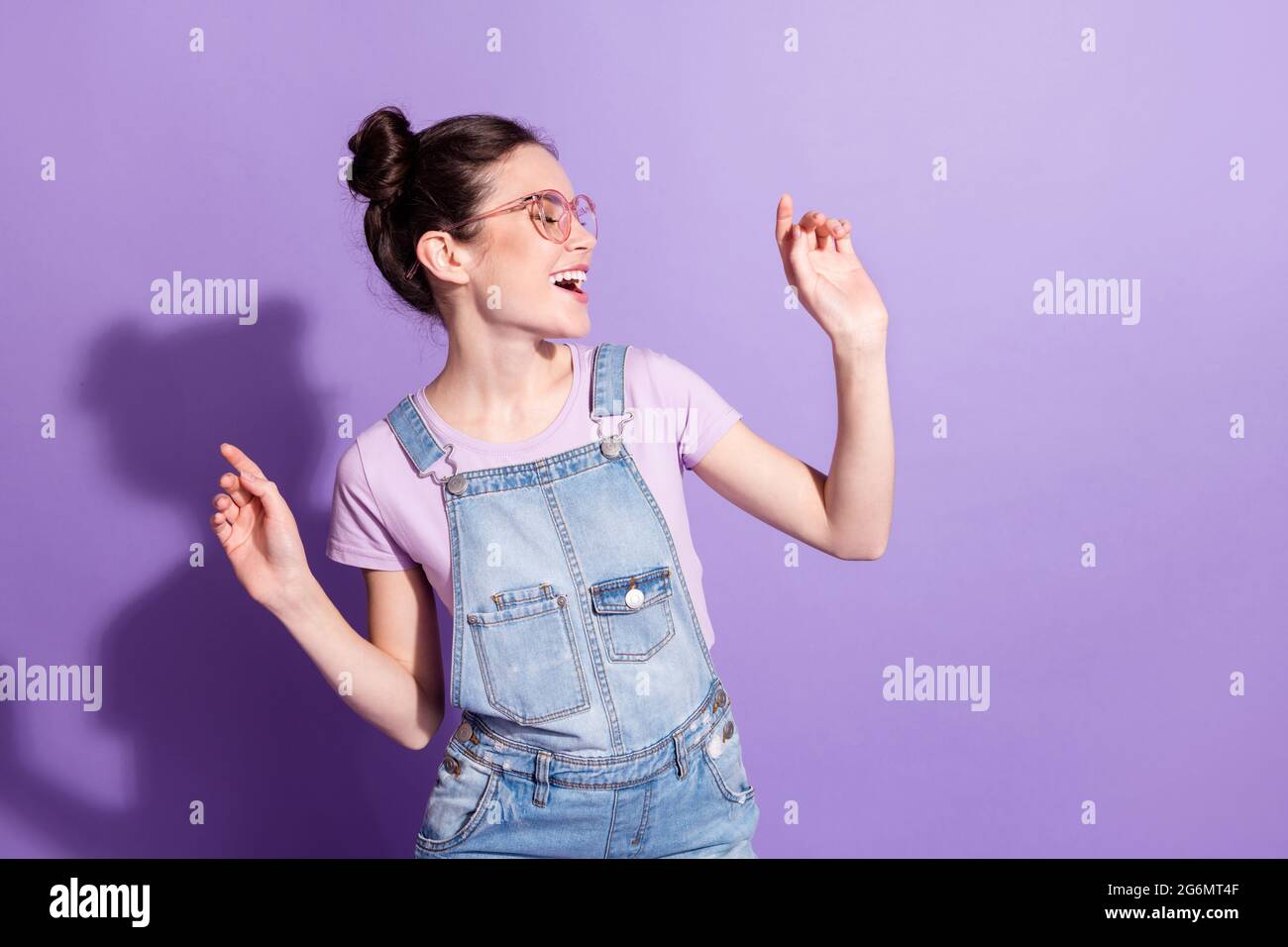 Portrait of positive pretty person closed eyes enjoy partying toothy ...