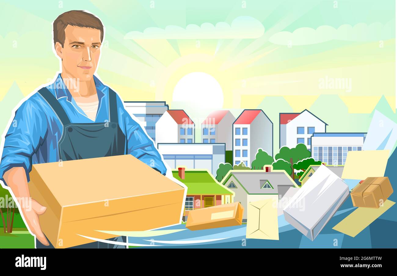 Delivery guy with a parcel. Cardboard box. A male courier in uniform ...