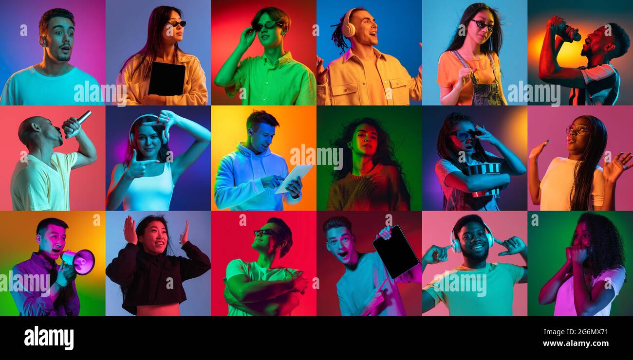 Portrait of group of people on multicolored background in neon light ...