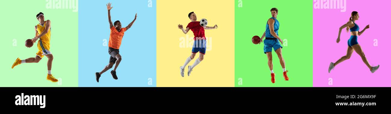 Collage of five professional sportsmen, fit people in action and motion ...