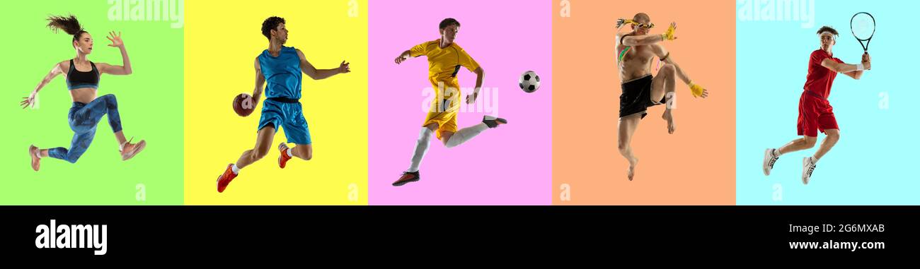 Collage of different professional sportsmen, fit people in action and ...