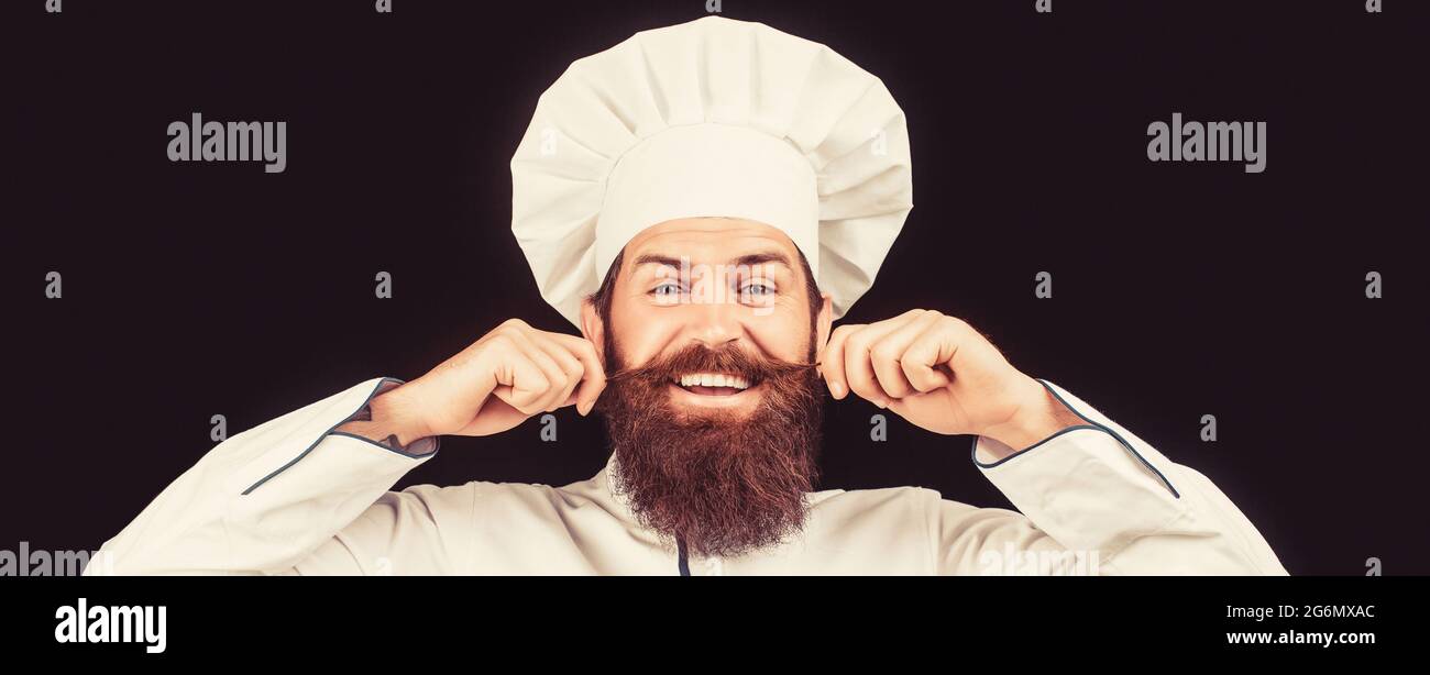 Funny chef with beard cook. Beard man and moustache wearing bib apron ...