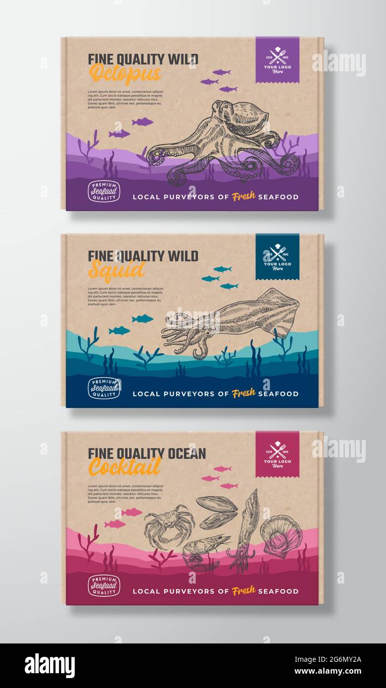 Premium Quality Food Box Mockups. Vector Seafood Packaging Label Design ...