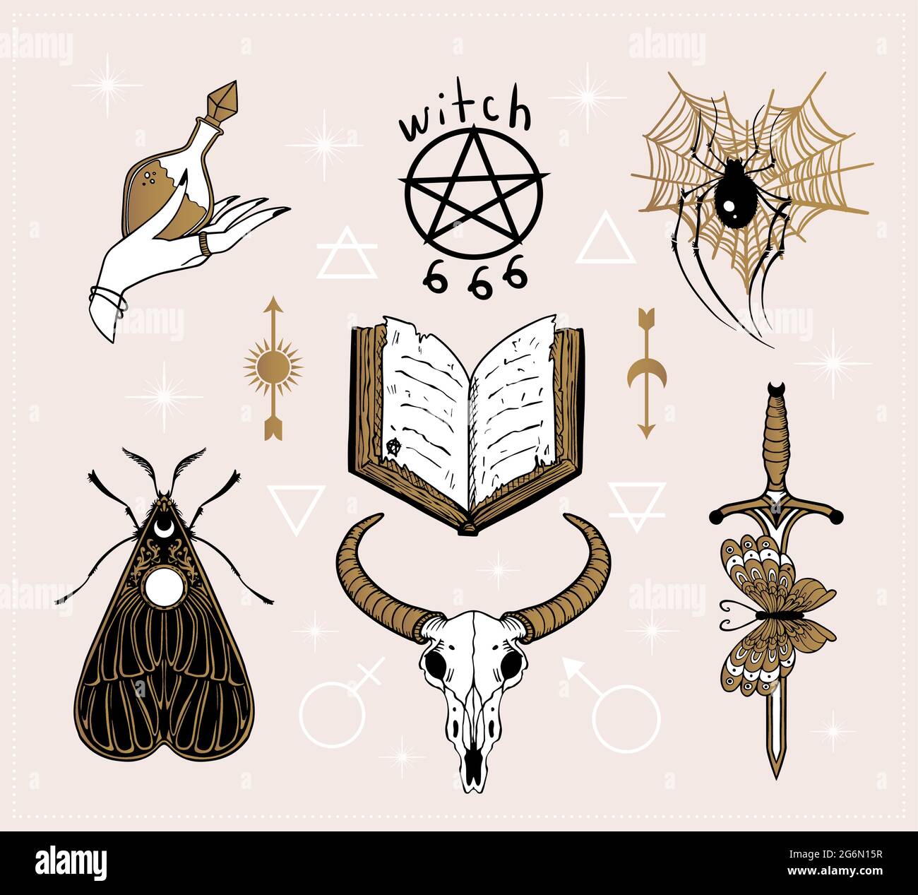 magic witch symbols: moon,spider , sun, 666, spell book, magic potion ...