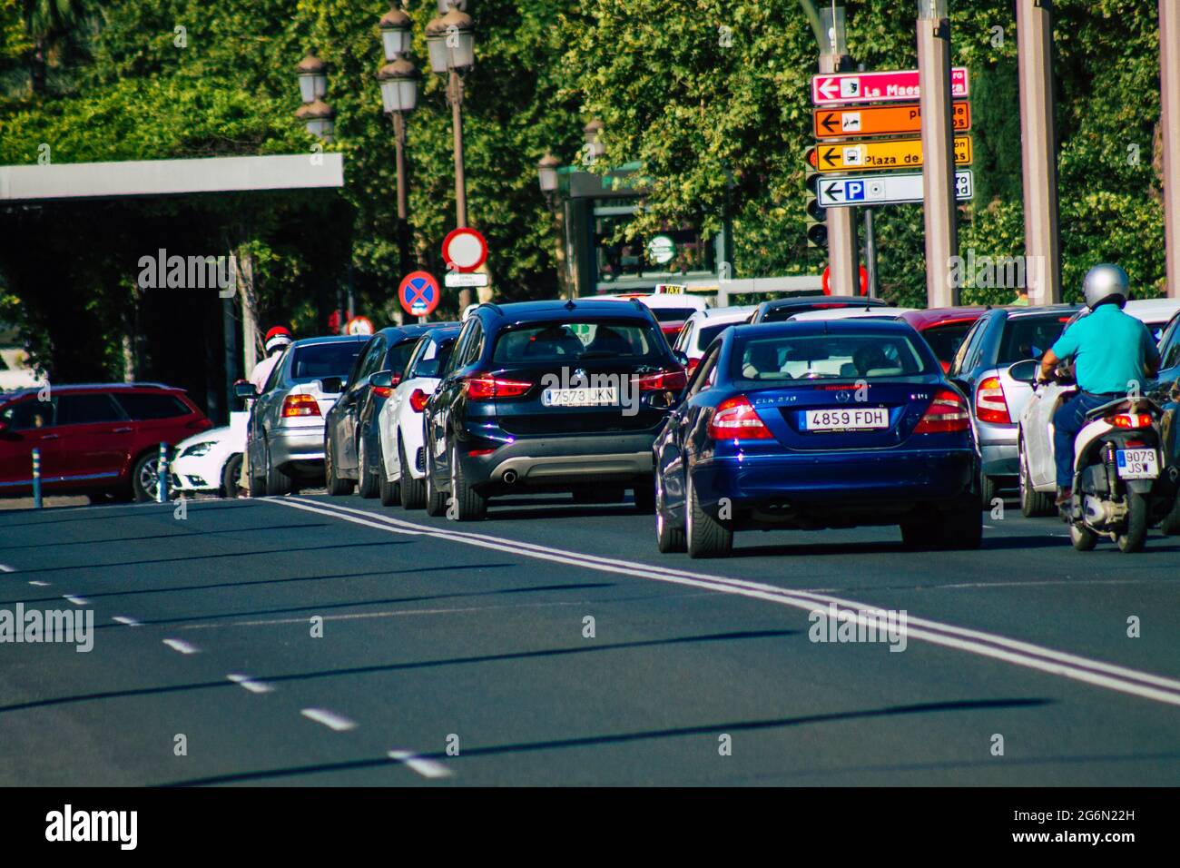 Seville Spain July 07, 2021 Traffic jam in the streets of Seville, an ...