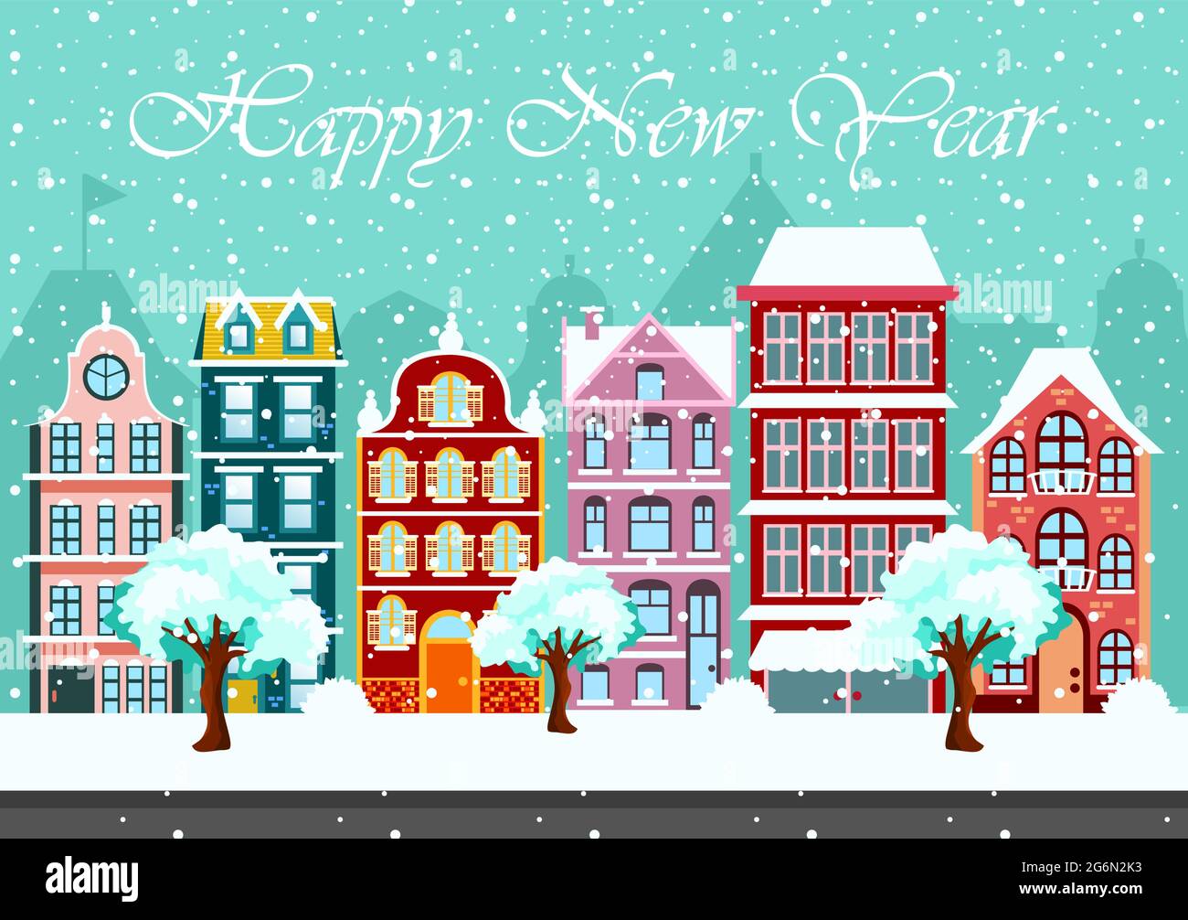 Snowy night in cozy town city panorama. cityscape in Christmas time ...