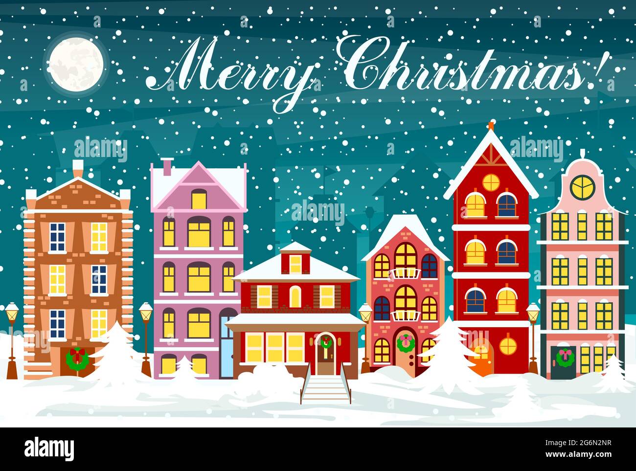 Vector illustration in flat style cityscape with colorful houses with ...