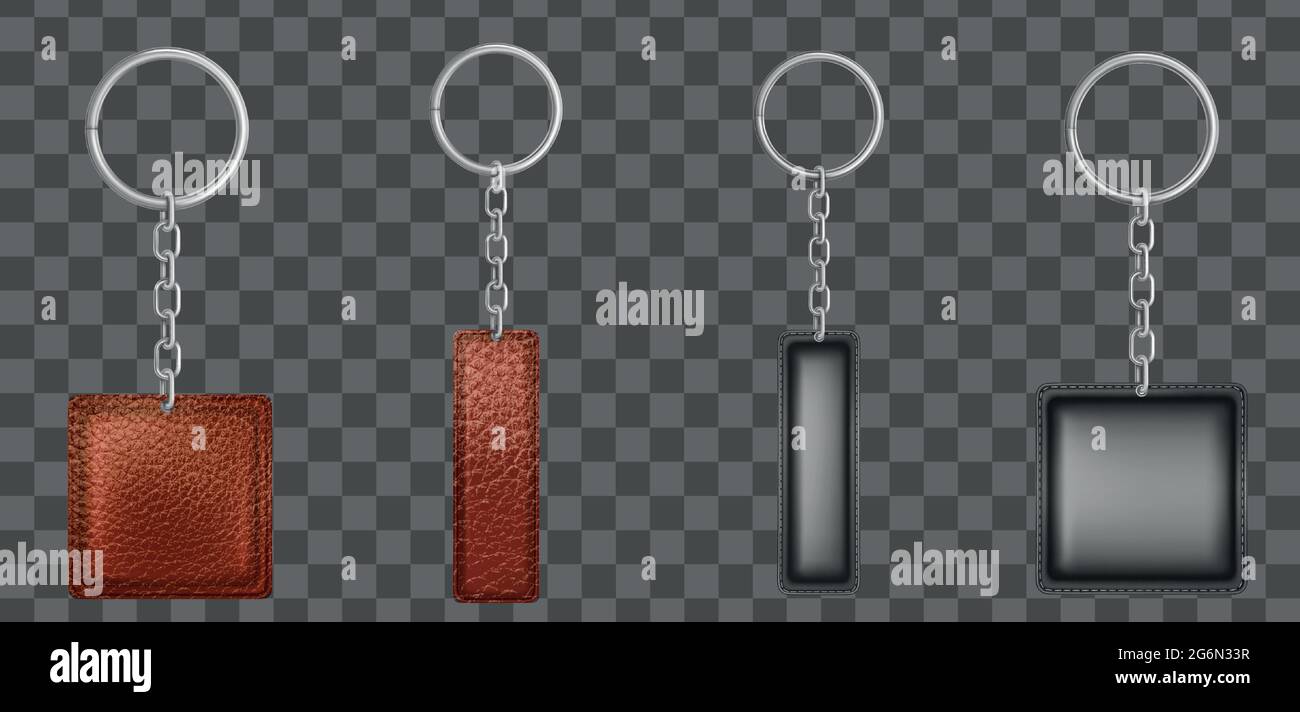 Realistic vector black, brown, leather keychains in different shapes i ...