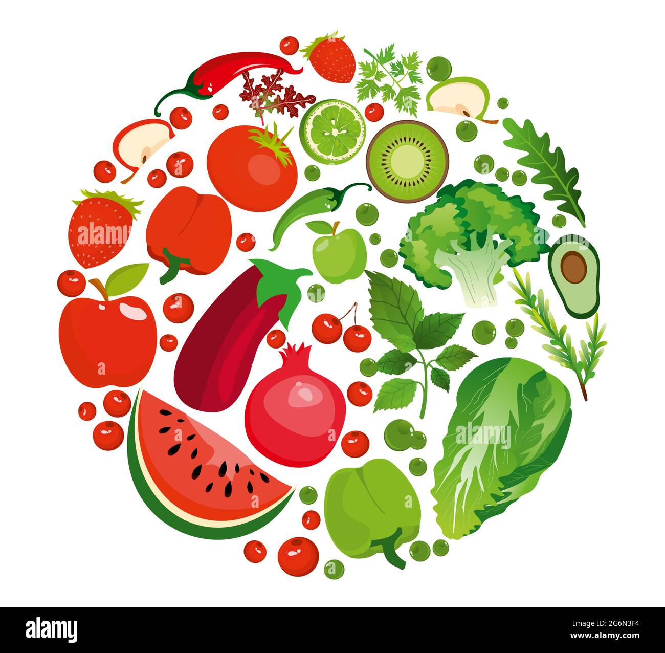 Vector illustration of circle shape of green and red fruits and ...