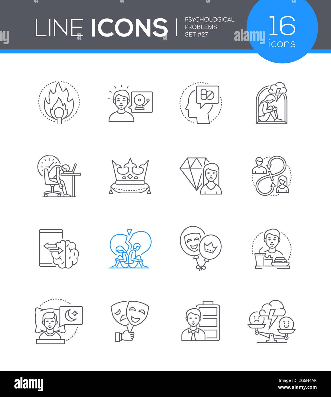 Psychological problems - line design style icons set. Mental health ...