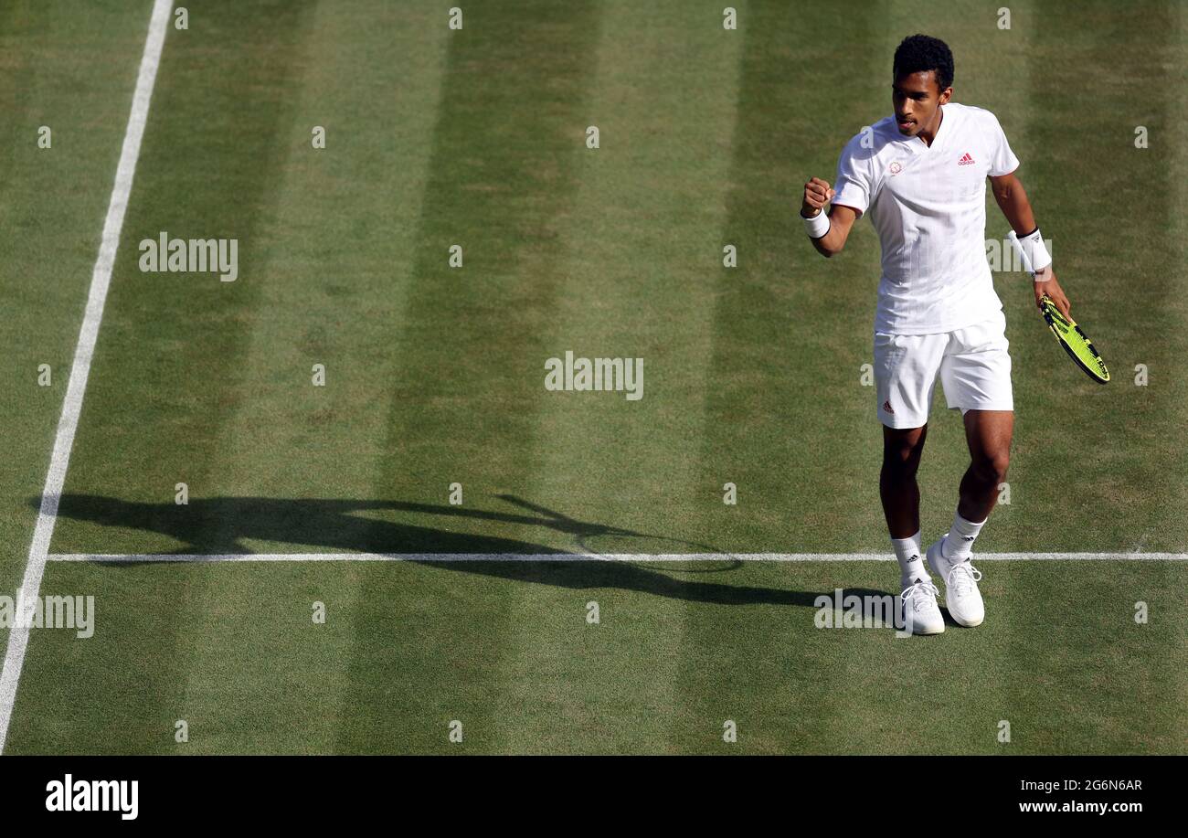 Felix Auger-Aliassime reacts during his Gentlemen's Singles Quarter ...