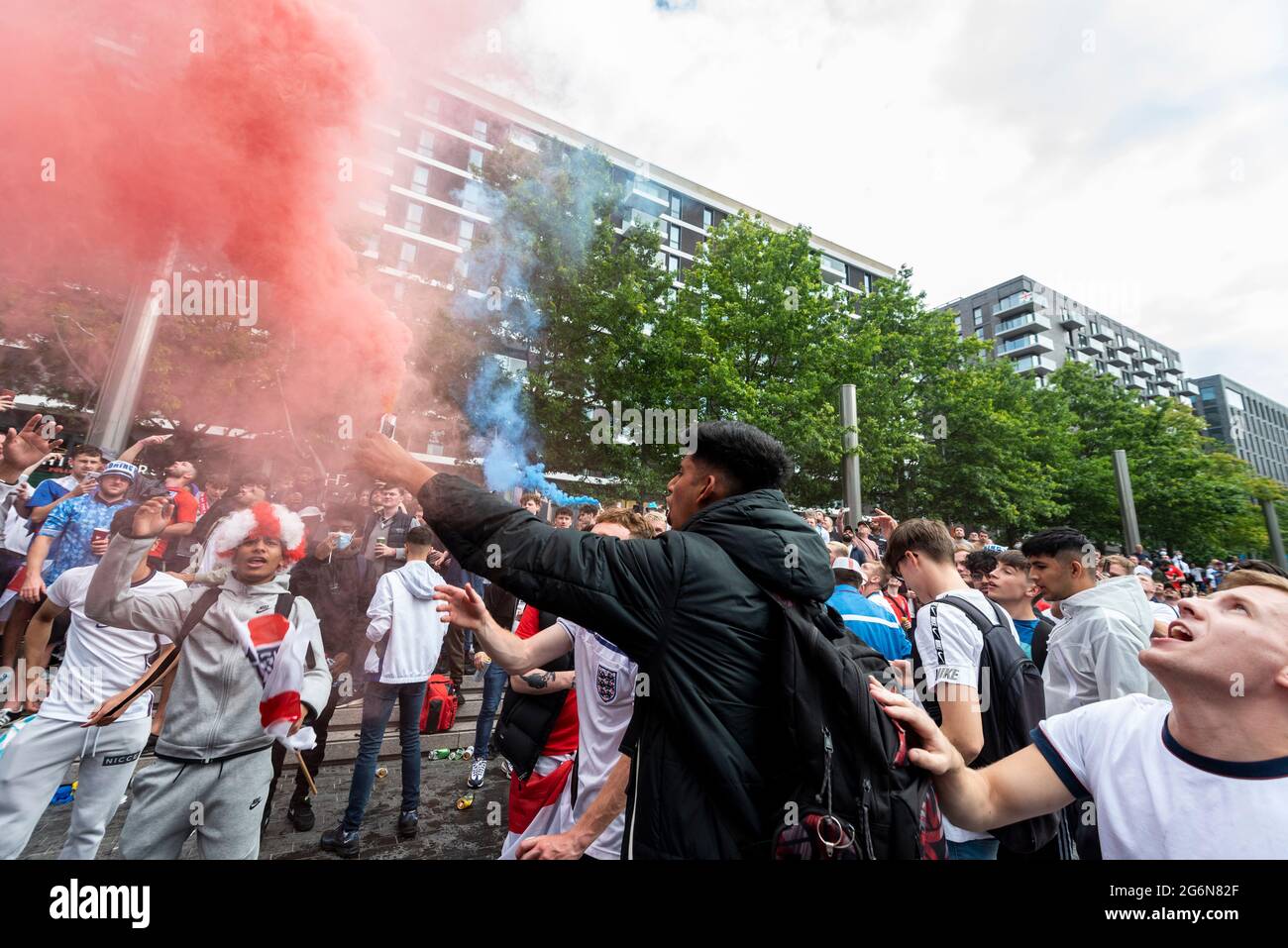 London, UK. 7 July 2021. England fans gathered in large numbers light ...