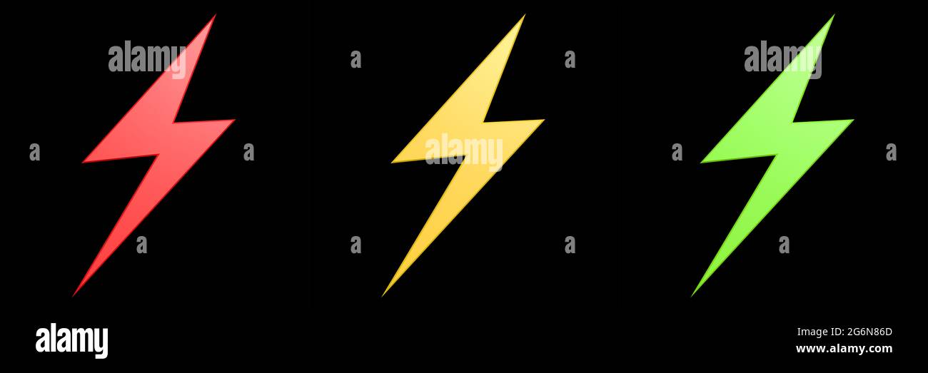 A set of three flash shapes in different colors on black background ...