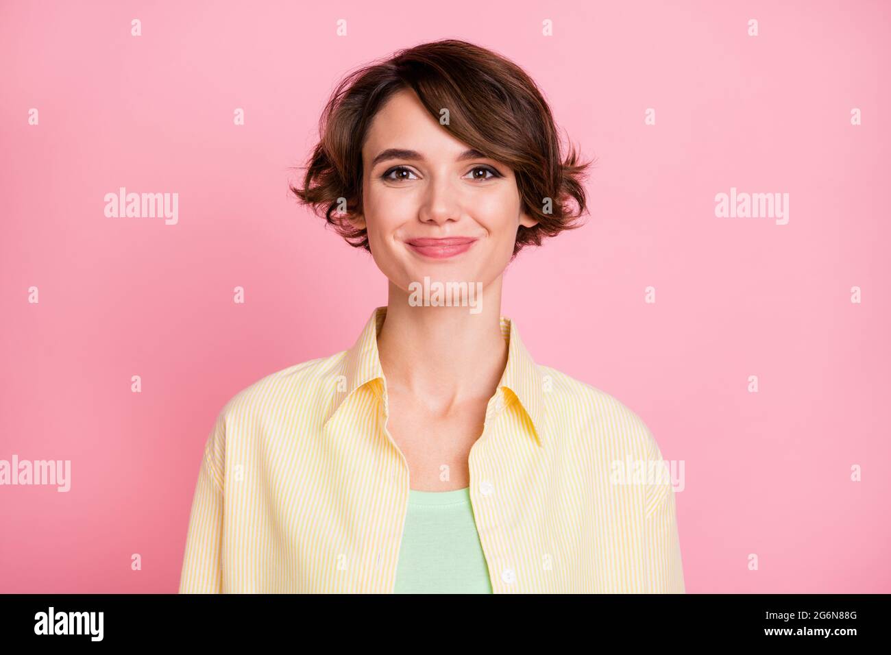 Photo of cute sweet funny young lady dressed yellow shirt smiling ...