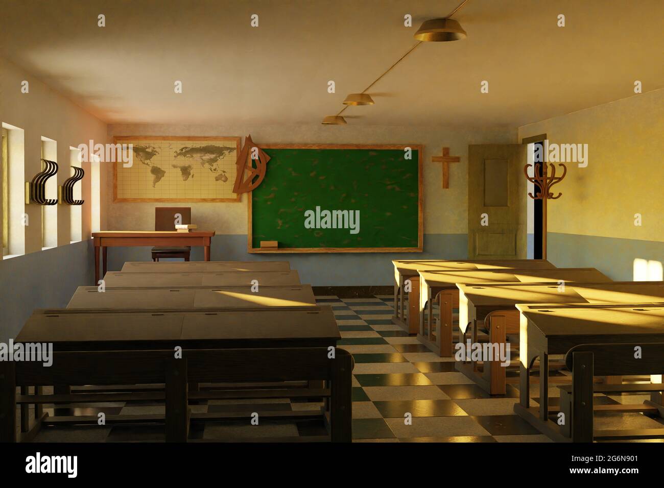 Old classroom. illuminated with natural light 3D Illustration Stock ...