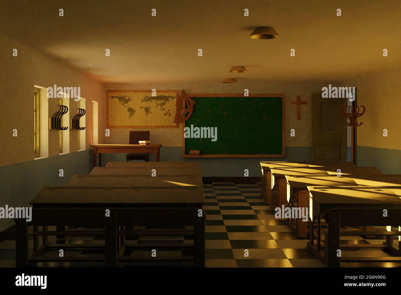 Old classroom. illuminated with natural light 3D Illustration Stock ...