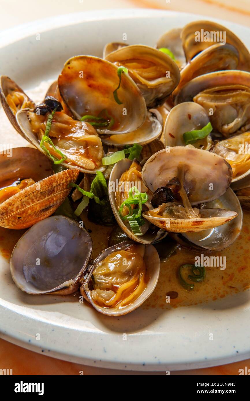 Chinese clams with black bean sauce garnished with green onions Stock ...