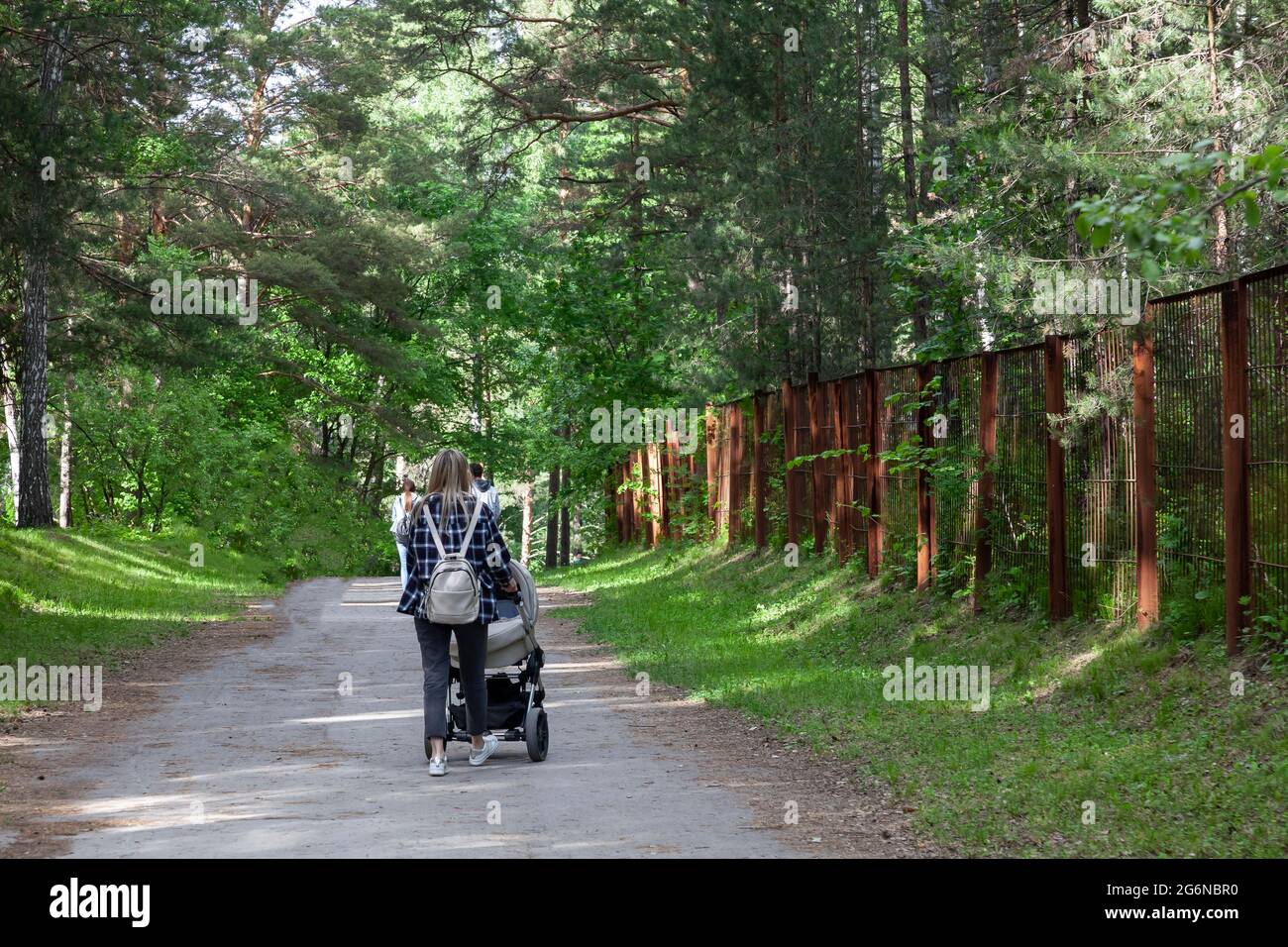 Back view of mother walking with her baby in stroller. Grey stroller ...