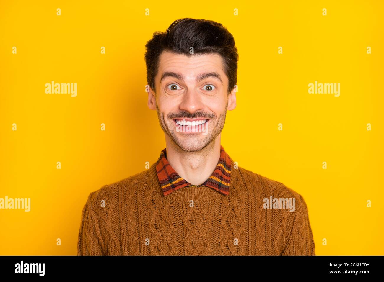 Photo of cheerful funky happy man smile wear sweater plaid collar ...