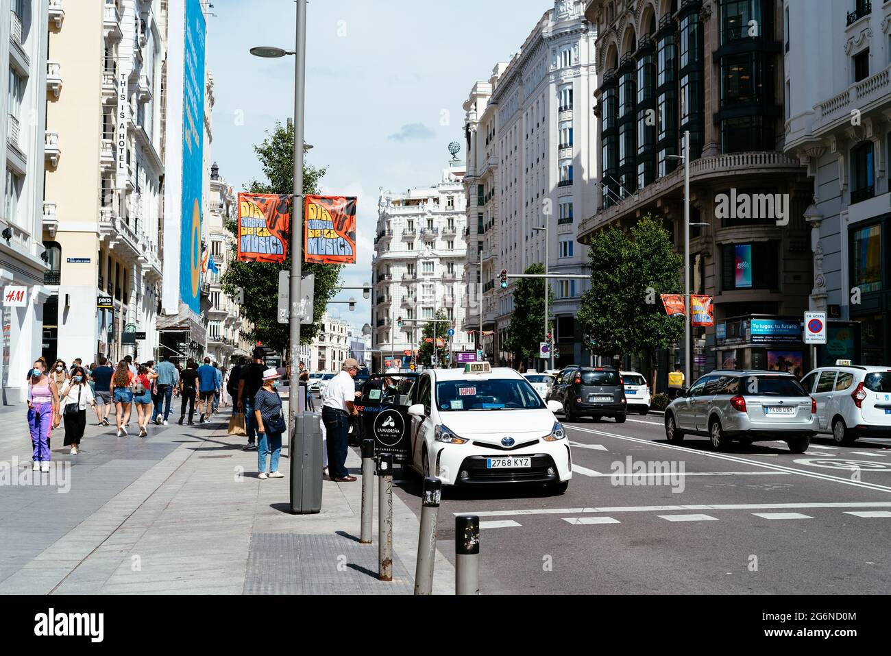 Madrid, Spain - June 18, 2021: Busy street scene in Gran Via, the ...