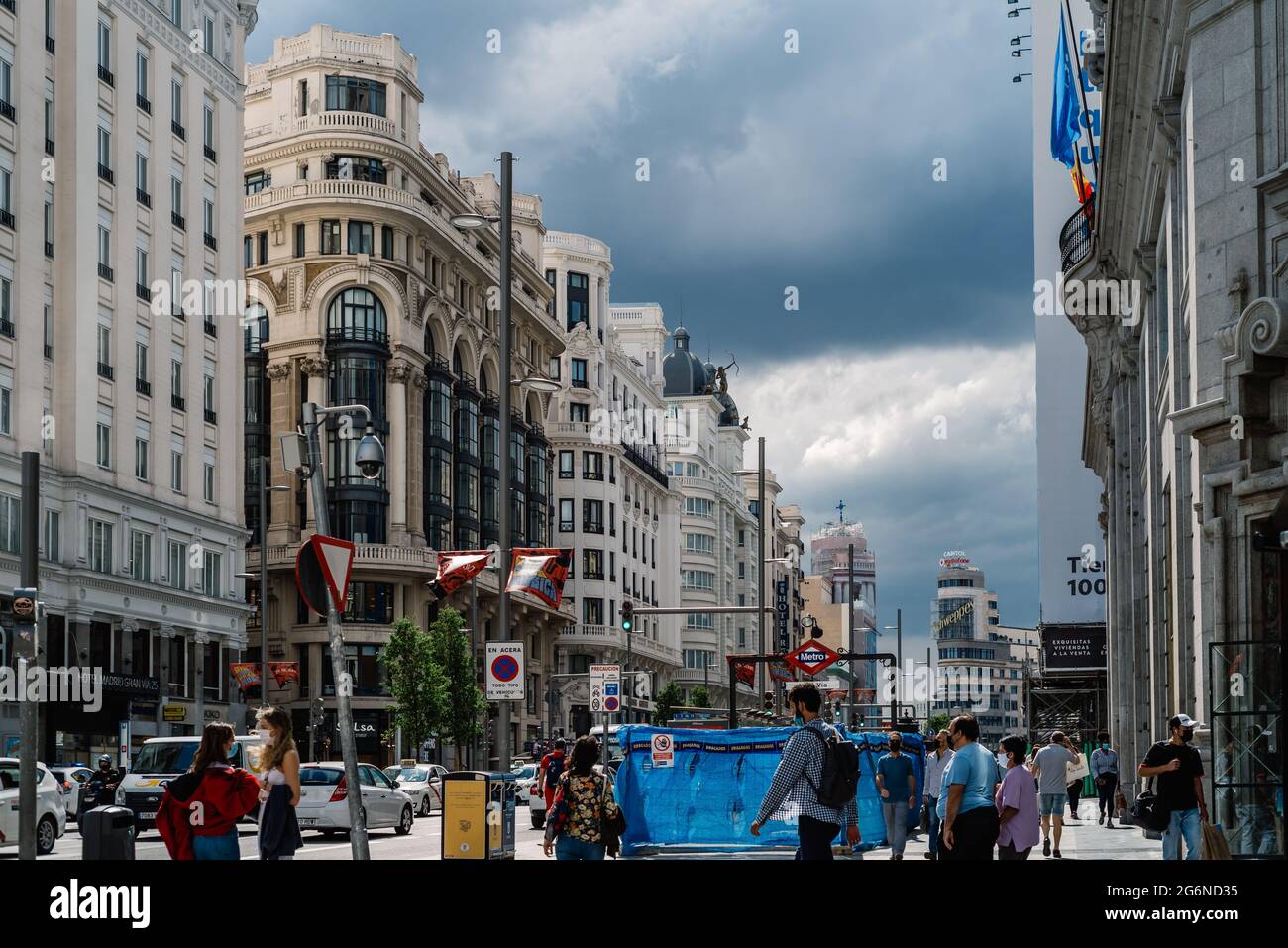 Madrid, Spain - June 18, 2021: Busy street scene in Gran Via, the ...