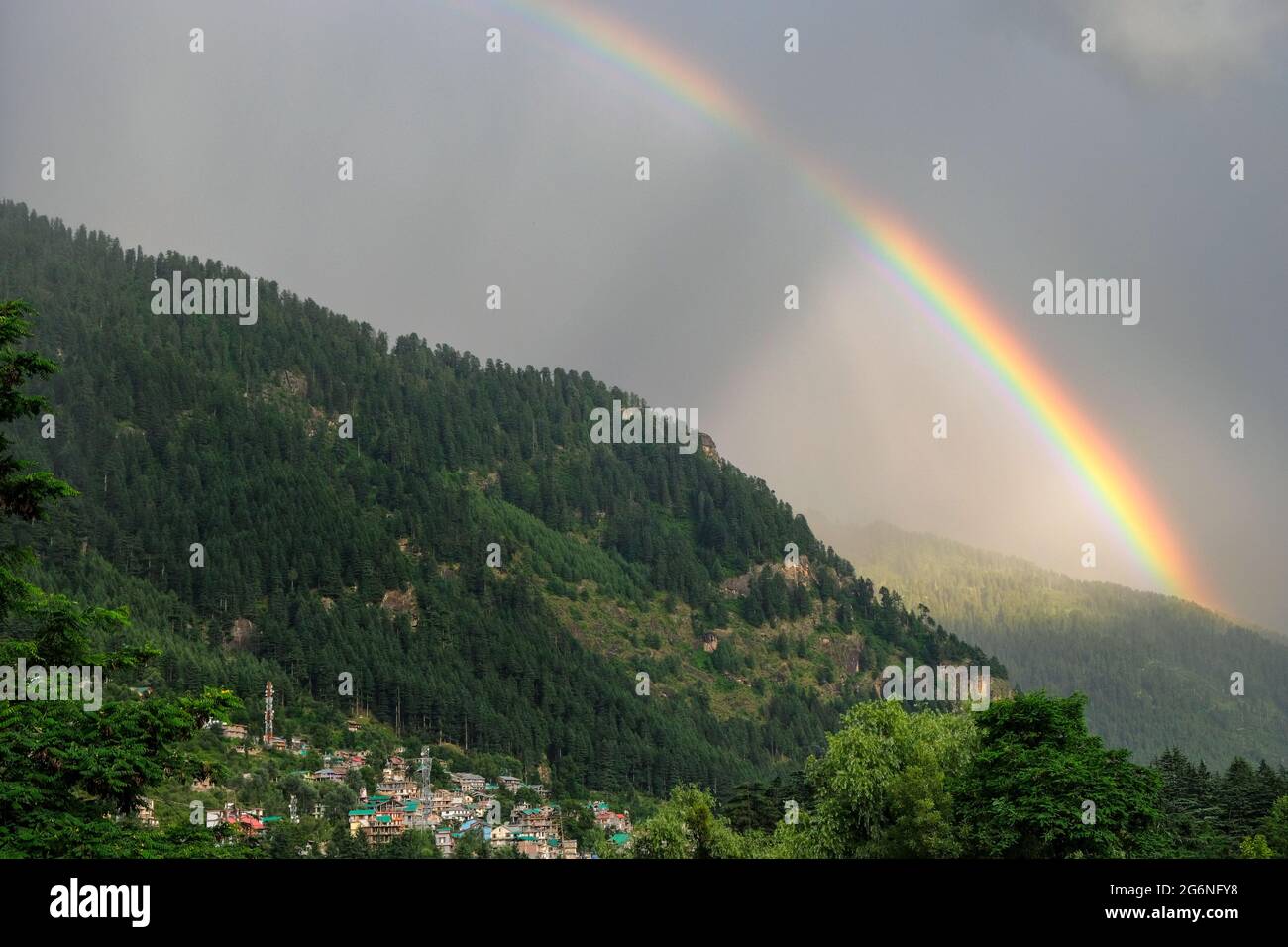 Manali, India - June 2021: Views of Manali with a rainbow in the ...