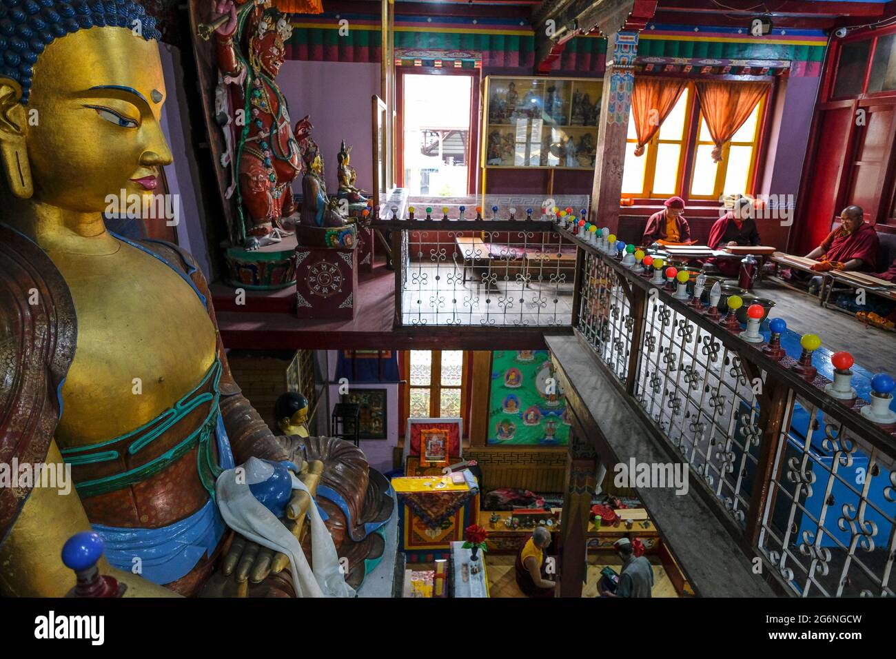Manali, India - June 2021: Buddhist monks praying in the Himalayan ...