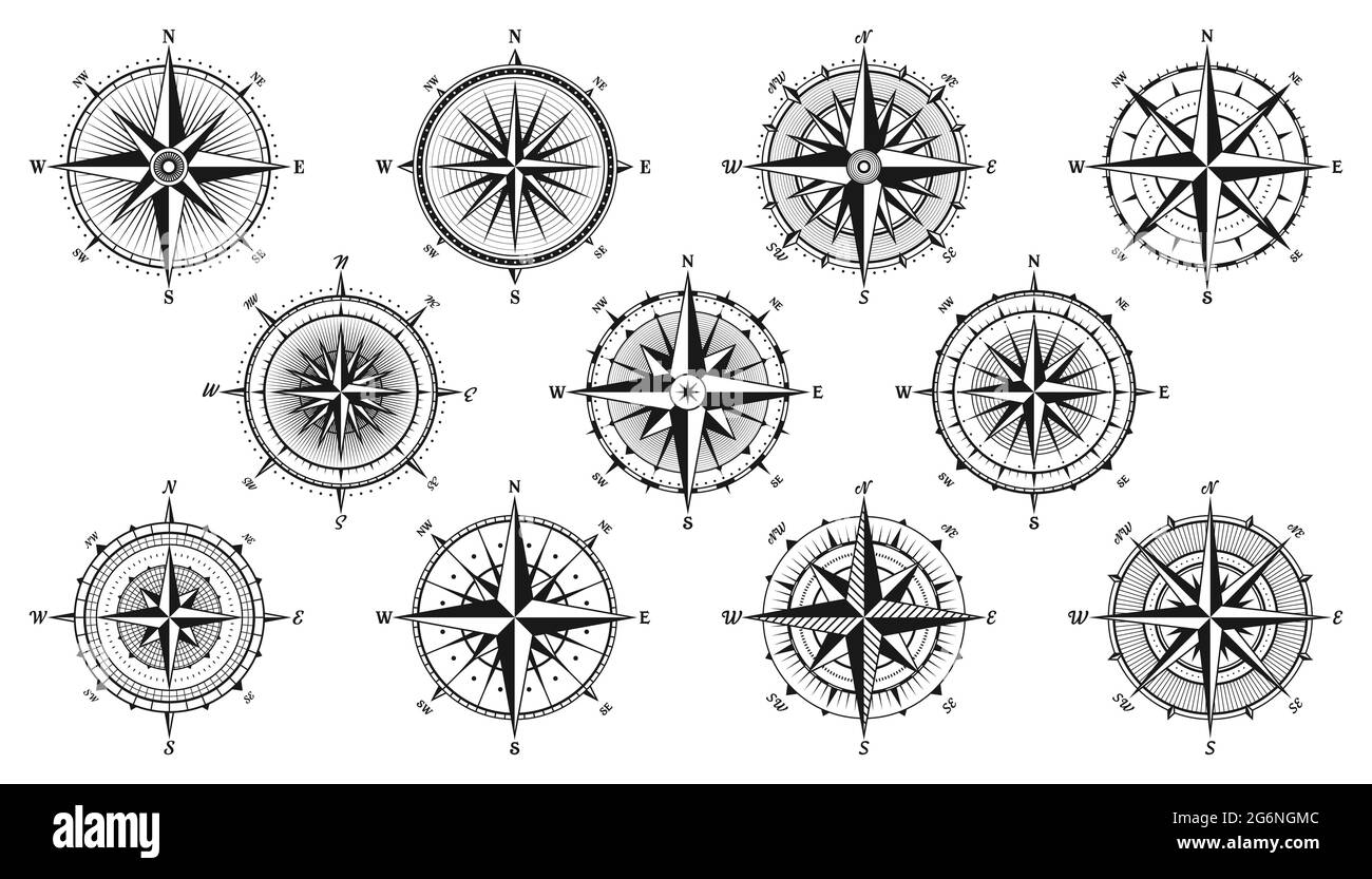 Vintage marine wind rose, nautical chart. Monochrome navigational ...