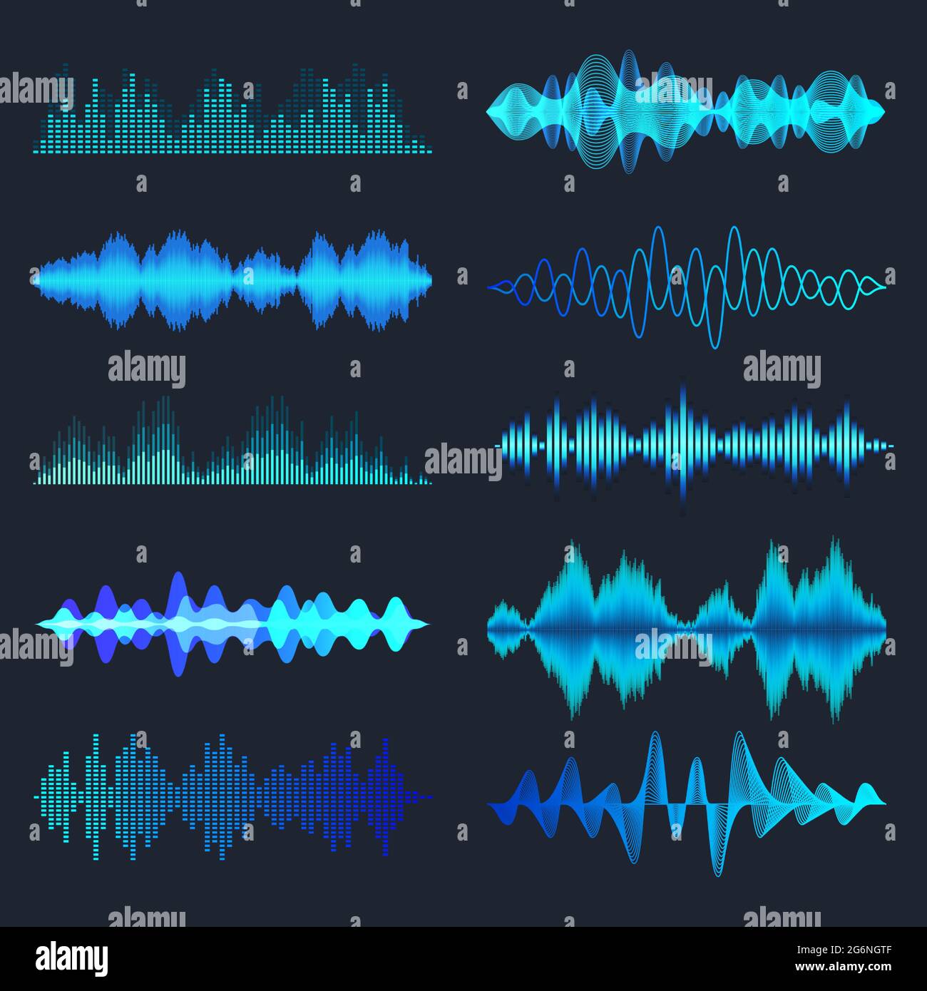 Blue colorful sound waves collection. Analog and digital audio signal ...
