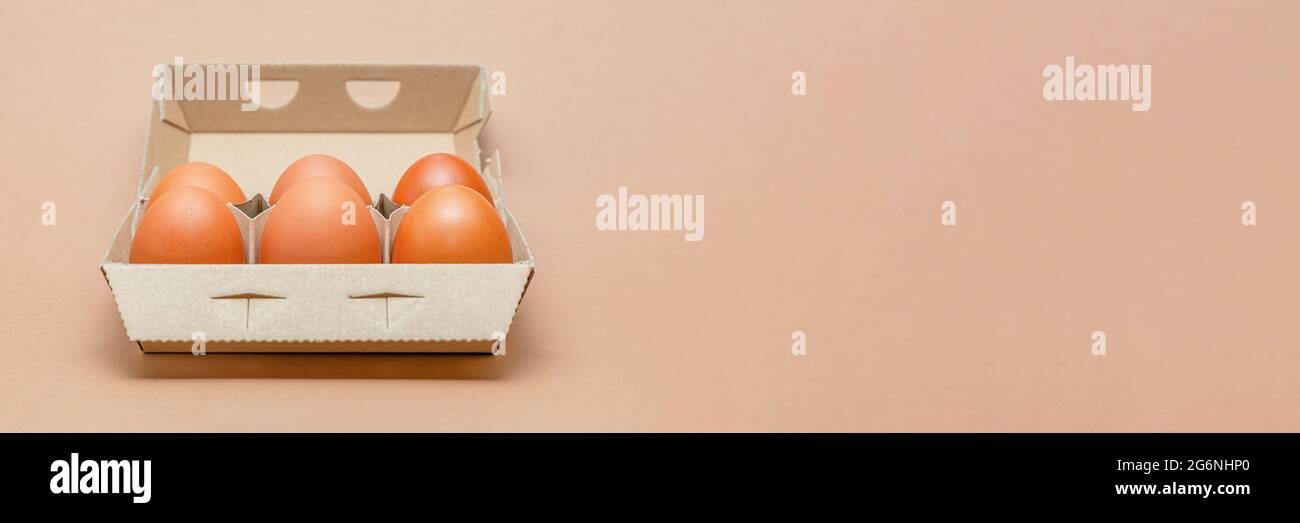 chicken eggs in a cardboard box, space for text, wide format. Brown ...
