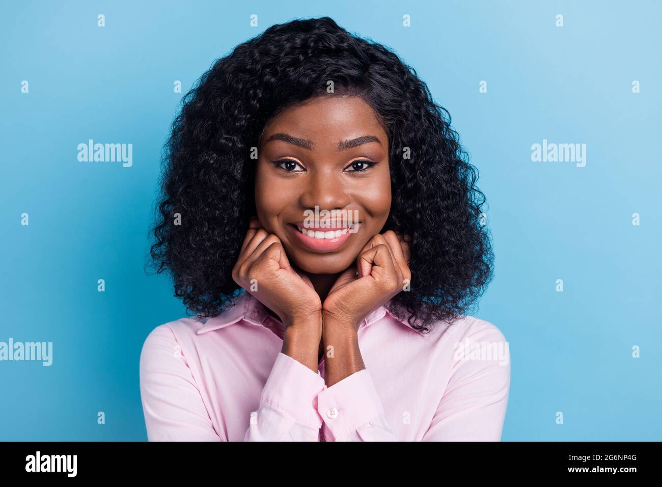Photo of sweet adorable dark skin woman wear pink outfit smiling arms ...