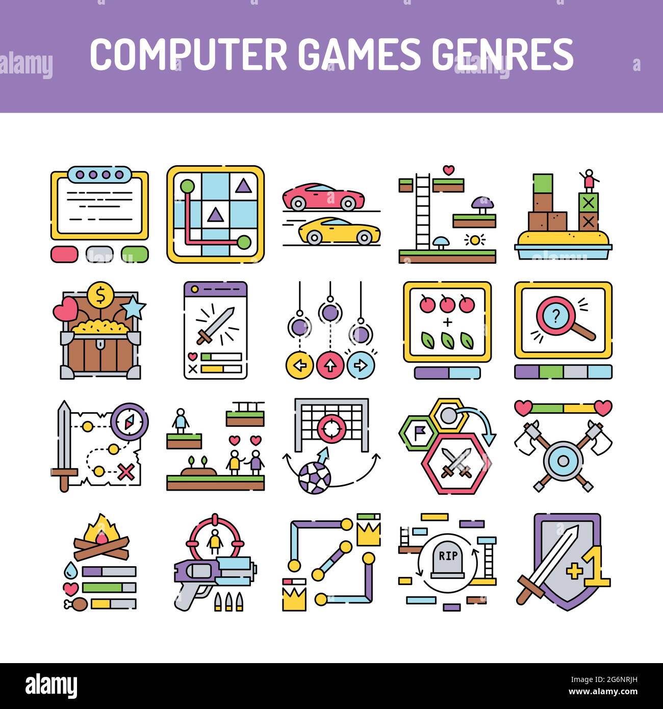 Computer games genres olor line icons set. Pictogram for web page ...