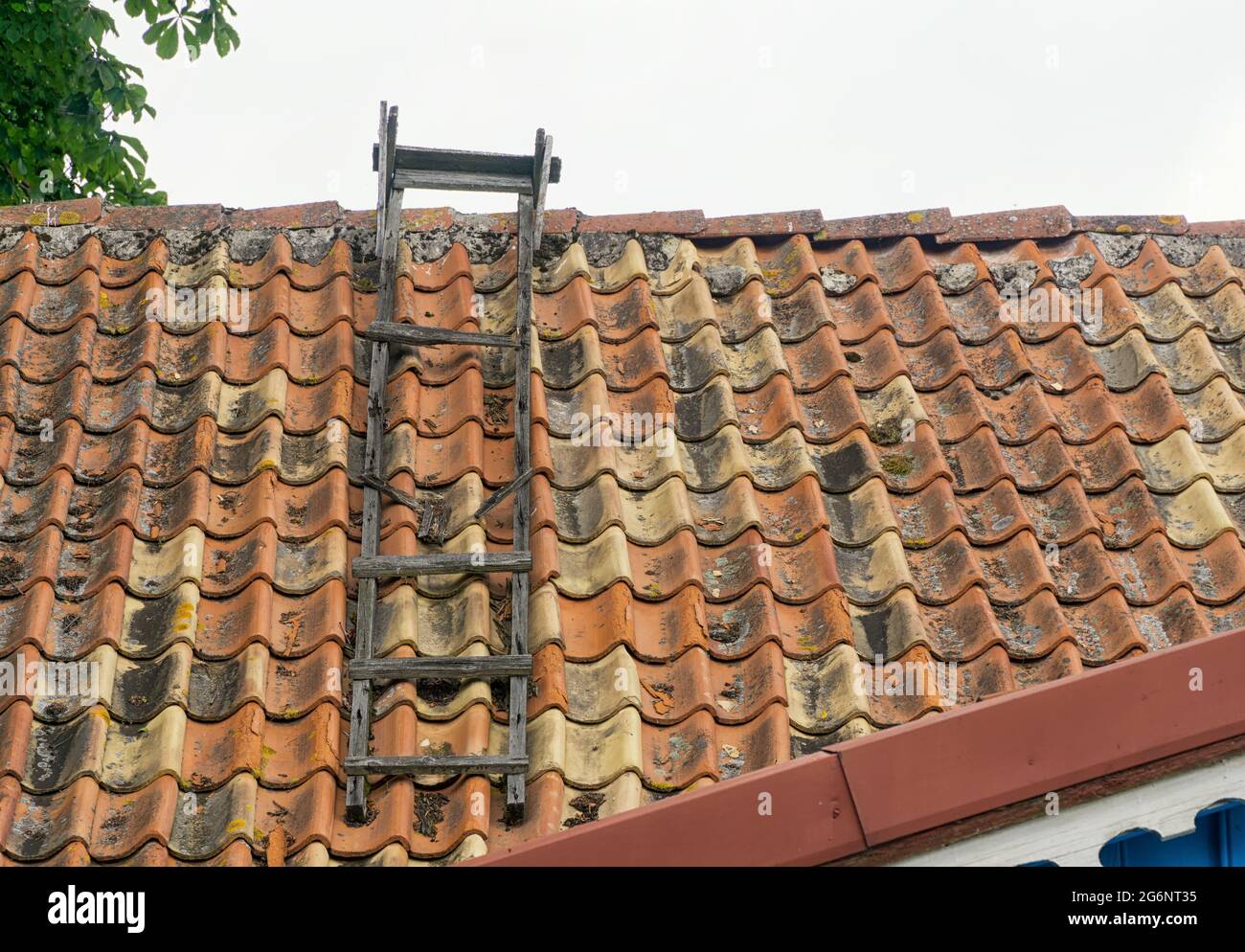 A wooden ladder on an old roof covered with ceramic tiles Stock Photo ...