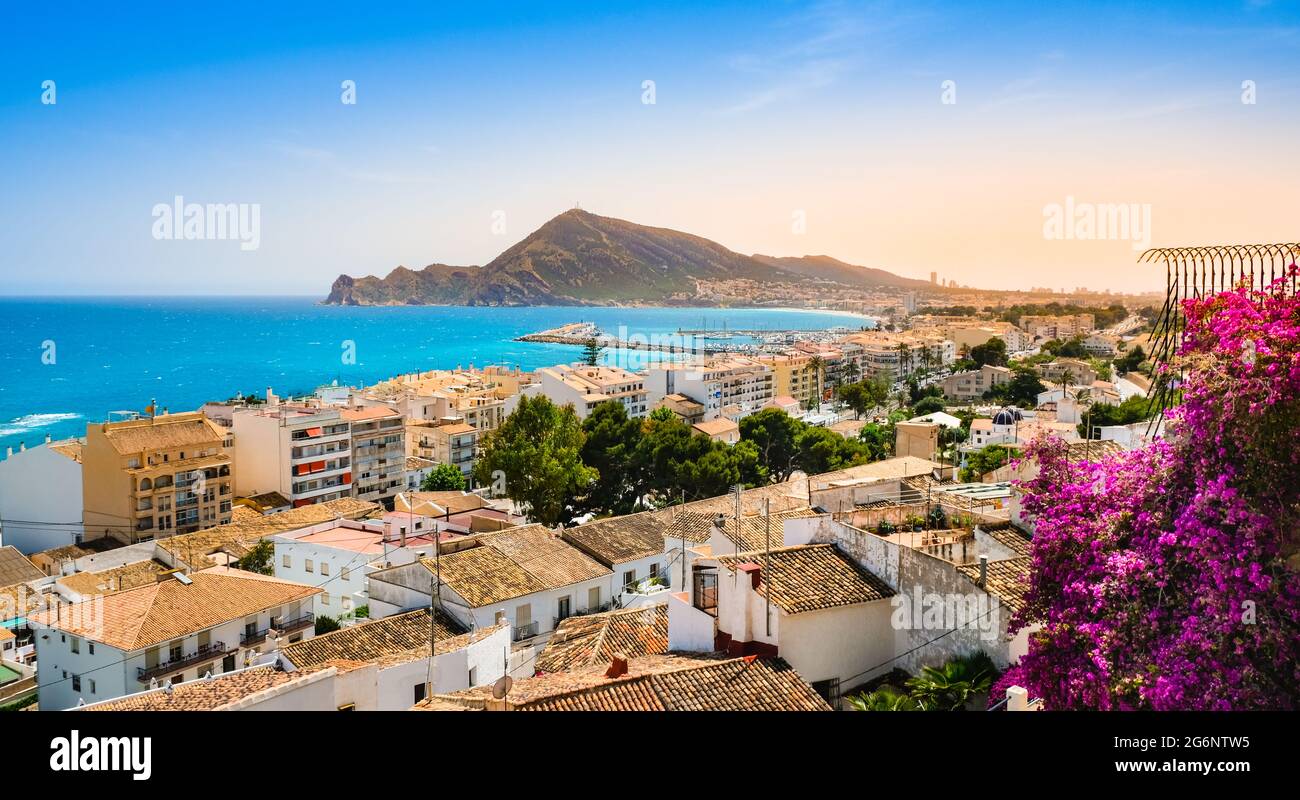 Altea, Spain - beautiful village with white houses, pink flowers, beach ...