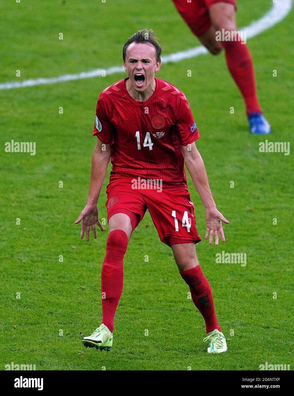 Denmark’s Mikkel Damsgaard celebrates scoring their side's first goal ...