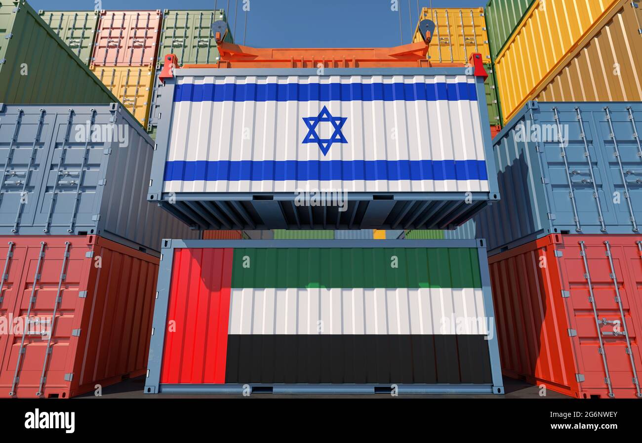 Container Terminal. Two cargo Container with Israel and United Arab ...