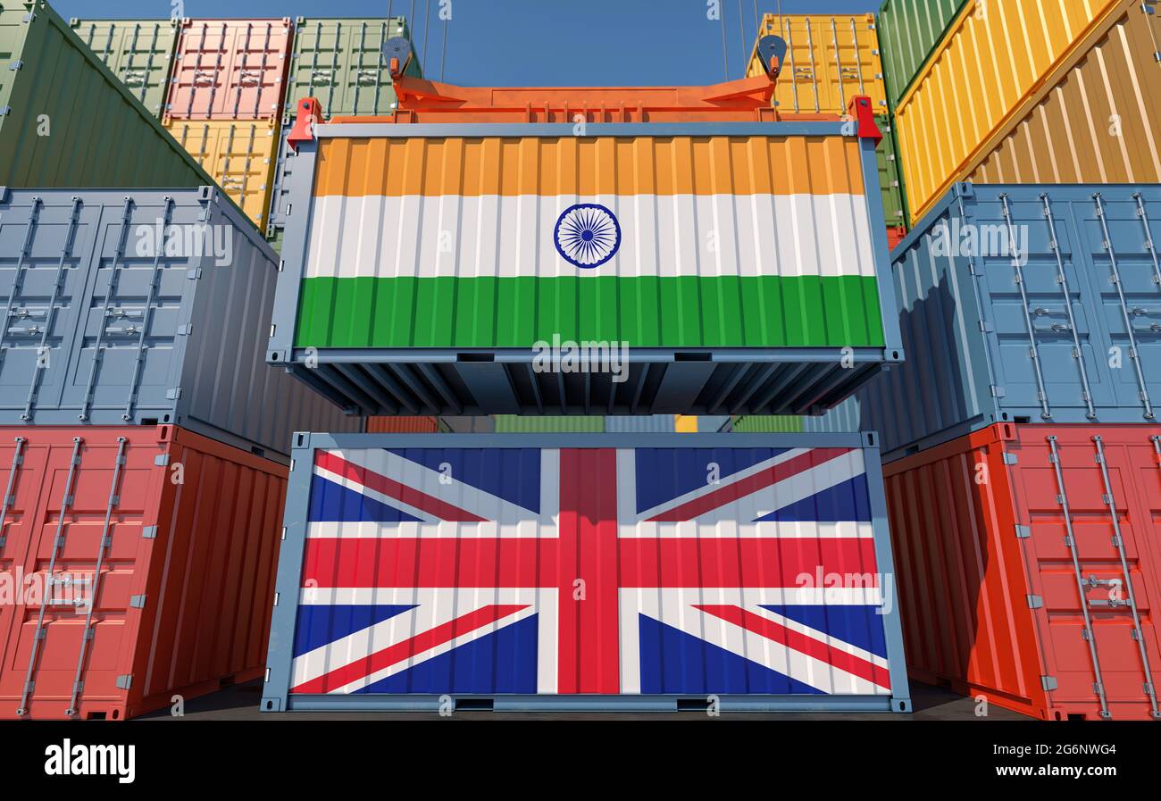 Container Terminal. Two cargo Container with United Kingdom and India ...