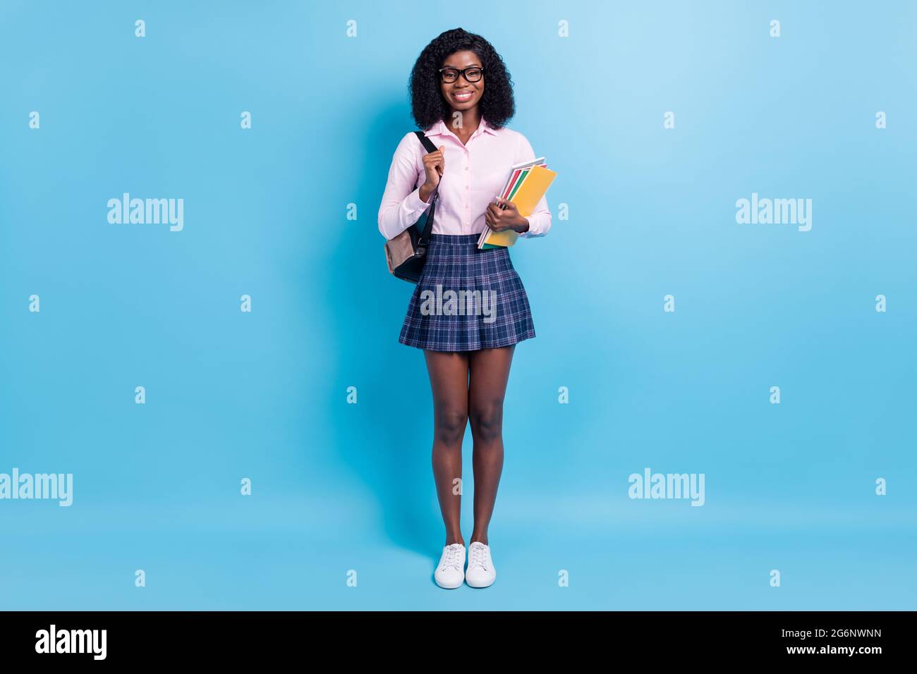 Full body photo of young student girl happy smile hold copybooks ...