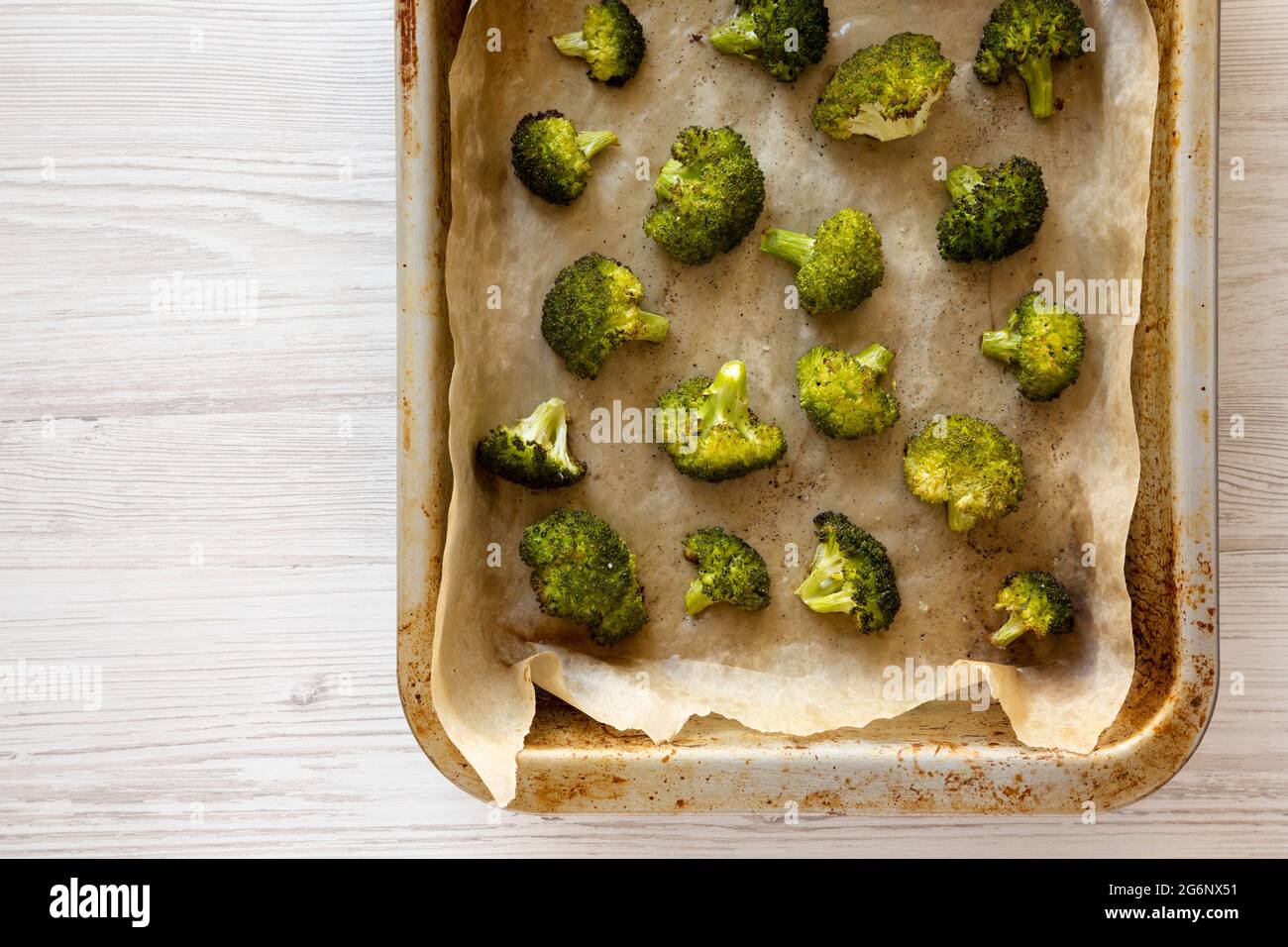 Homemade Roasted Broccoli with Salt and Pepper, top view. Flat lay ...