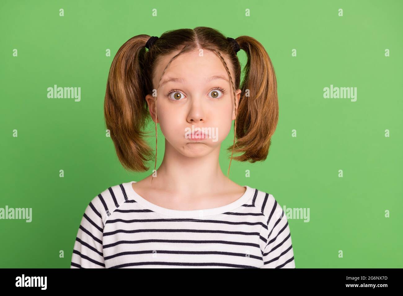 Photo of cute sweet school girl wear white pullover bloated cheeks ...