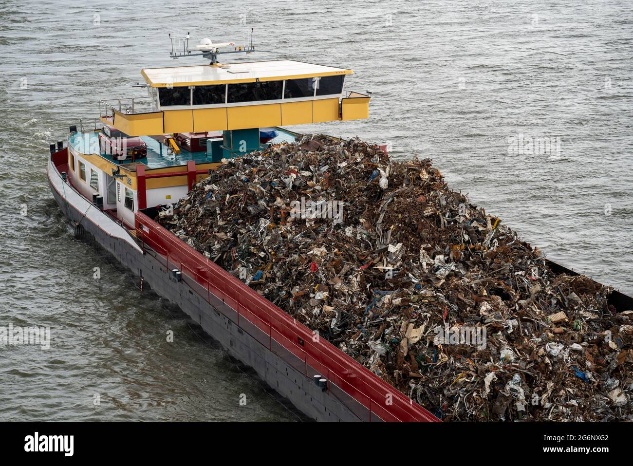 Cargo ship on the Rhine near Duisburg, loaded with scrap metal, NRW ...