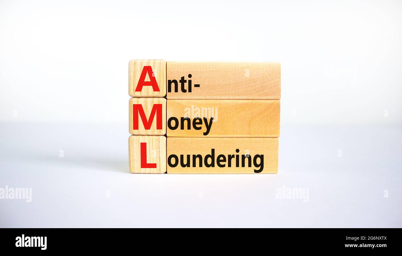 AML, anti-money laundering symbol. Wooden blocks with words AML, anti ...