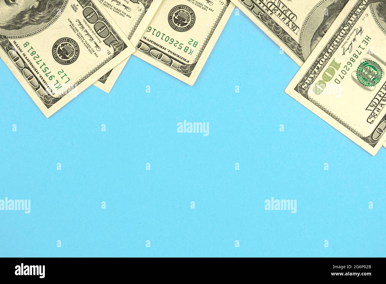 Money cash dollar frame composition, office desktop blue color ...
