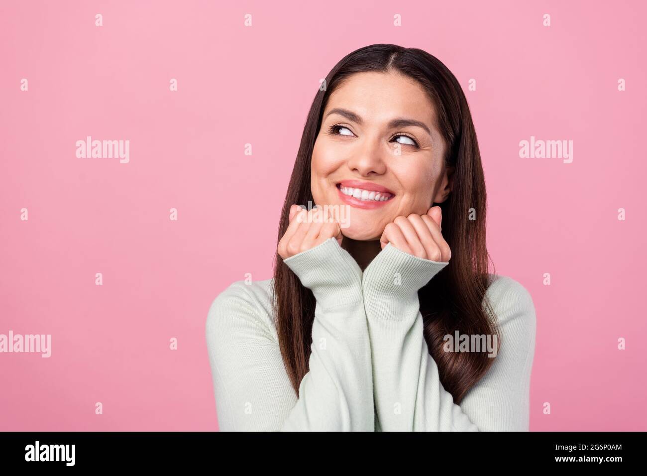 Photo of dreamy young happy nice woman look empty space positive mood ...